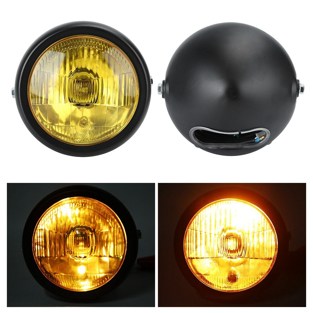 Retro Motorcycle Round Headlight Yellow Lens Head Lamp Modification ...