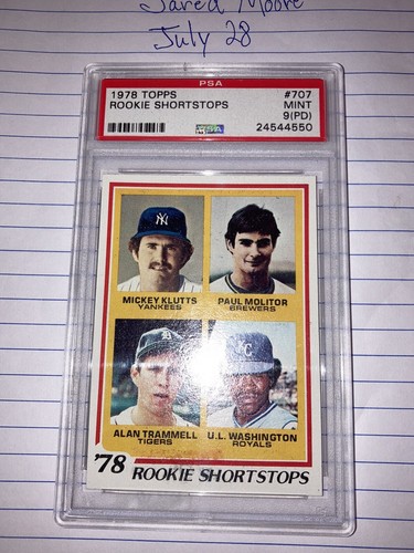 1978 topps ROOKIE SHORTSTOPS Alan Trammell #707 PSA 9 (PD) mint!! RARE ...