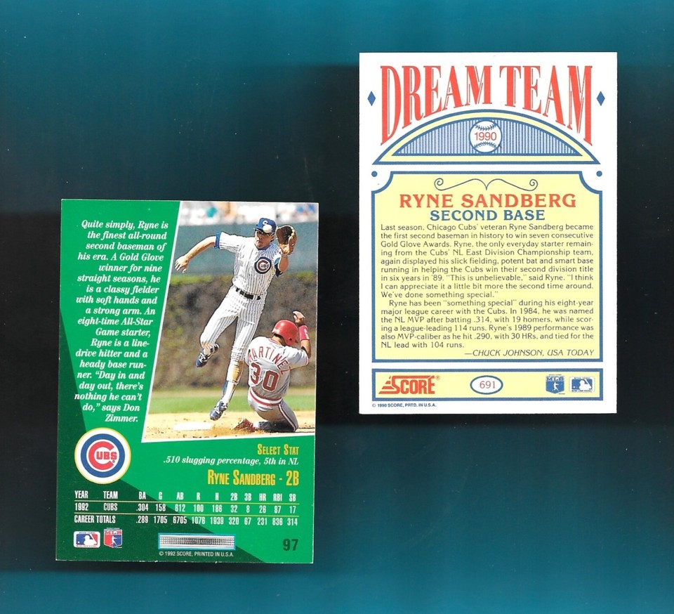 BOTH! RYNE SANDBERG-CHICAGO CUBS! 1990 Score DREAM TEAM/92 Select SHARP ...