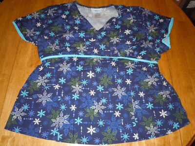 SCRUB TOP WOMENS XL SB SCRUBS WINTER SNOWFLAKES BLUE WHITE | eBay