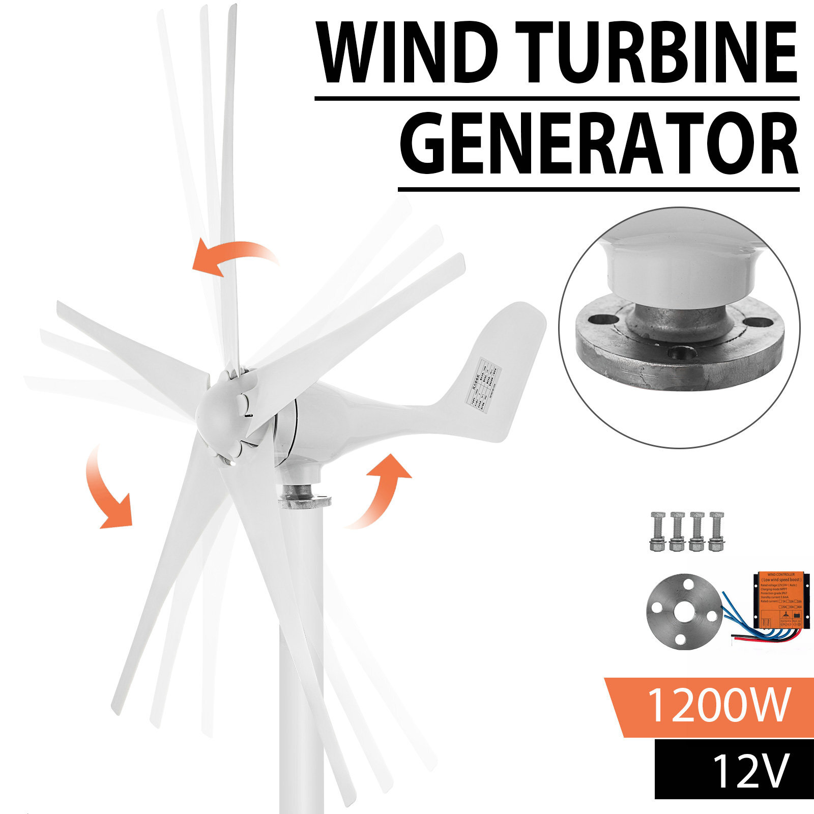 1200W Wind Turbine Generator 5 Blades Charger Controller Windmill Power ...