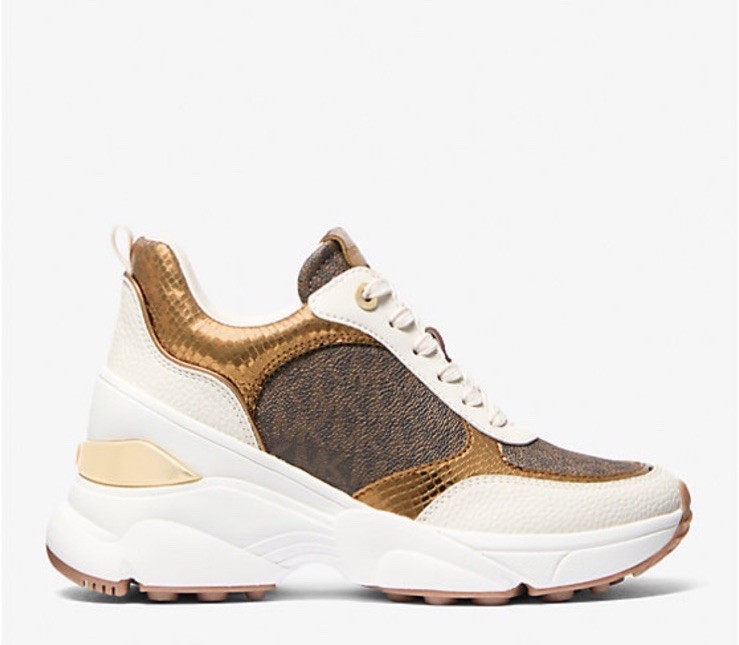 Michael Kors Katrina Wedge Trainer Brown Gold Signature Size 10 New In ...