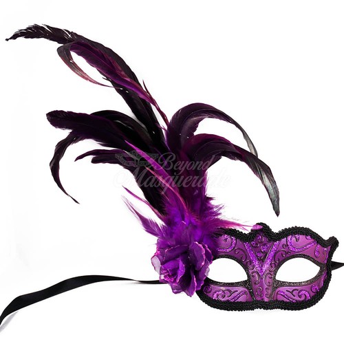Royal Purple Fashionable Venetian Feather Masquerade Mask w/ Rose for ...