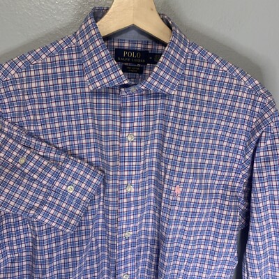 Polo Ralph Lauren Shirt Men Medium Long Sleeve Blue Plaid Stretch Pink ...