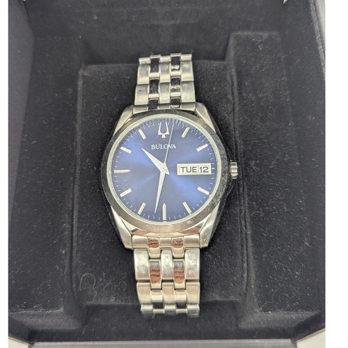 Bulova Men's Stainless Steel Blue Face Dial Date & Day Watch 96C129 | eBay