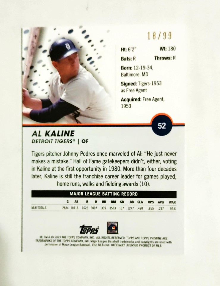 Al Kaline 2023 Topps Pristine #52 Detroit Tigers PURPLE REFRACTOR 16/99 ...