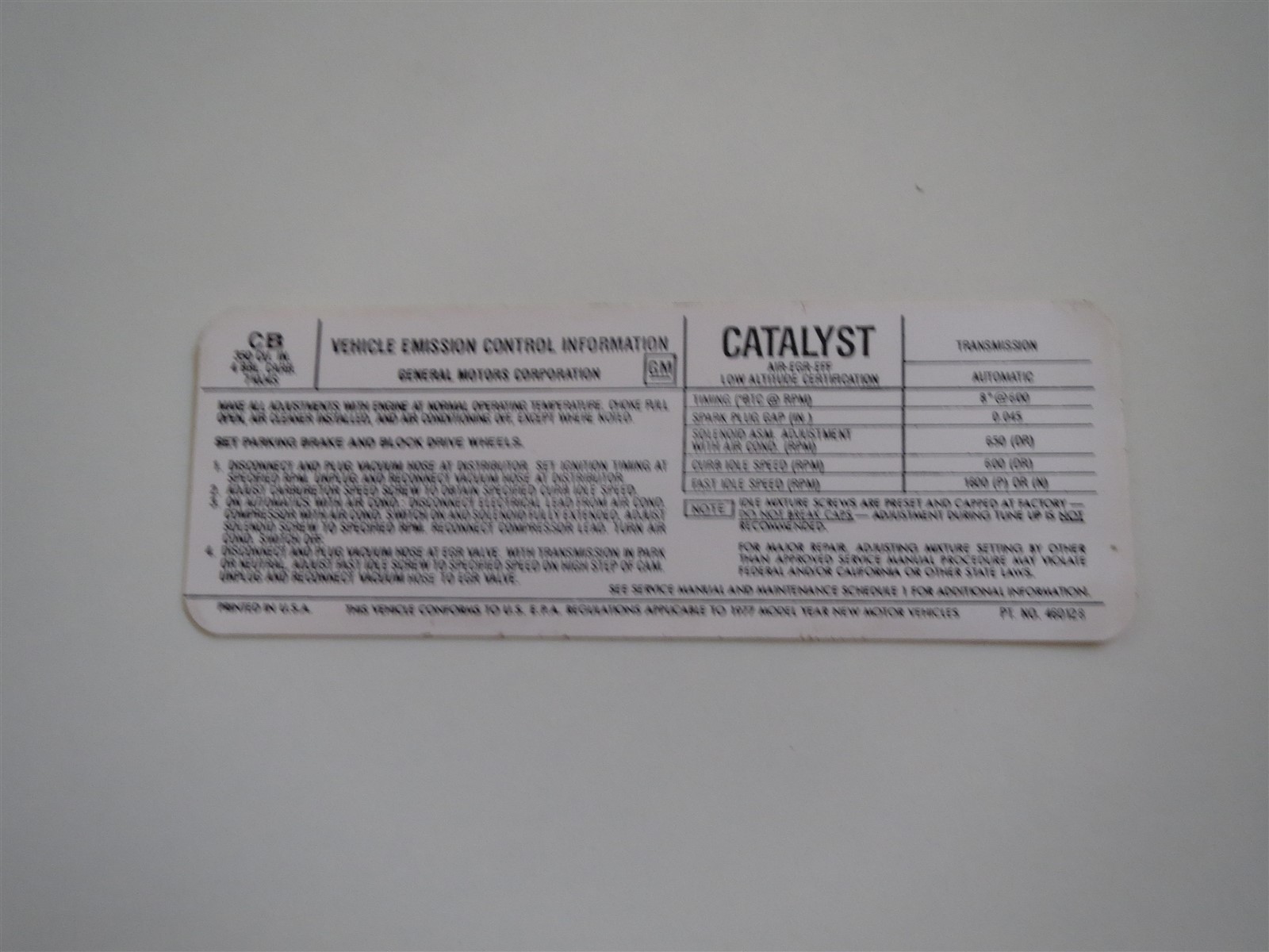 1977 CHEVROLET CHEVELLE MALIBU EL CAMINO 350 4BBL ENGINE EMISSIONS ...