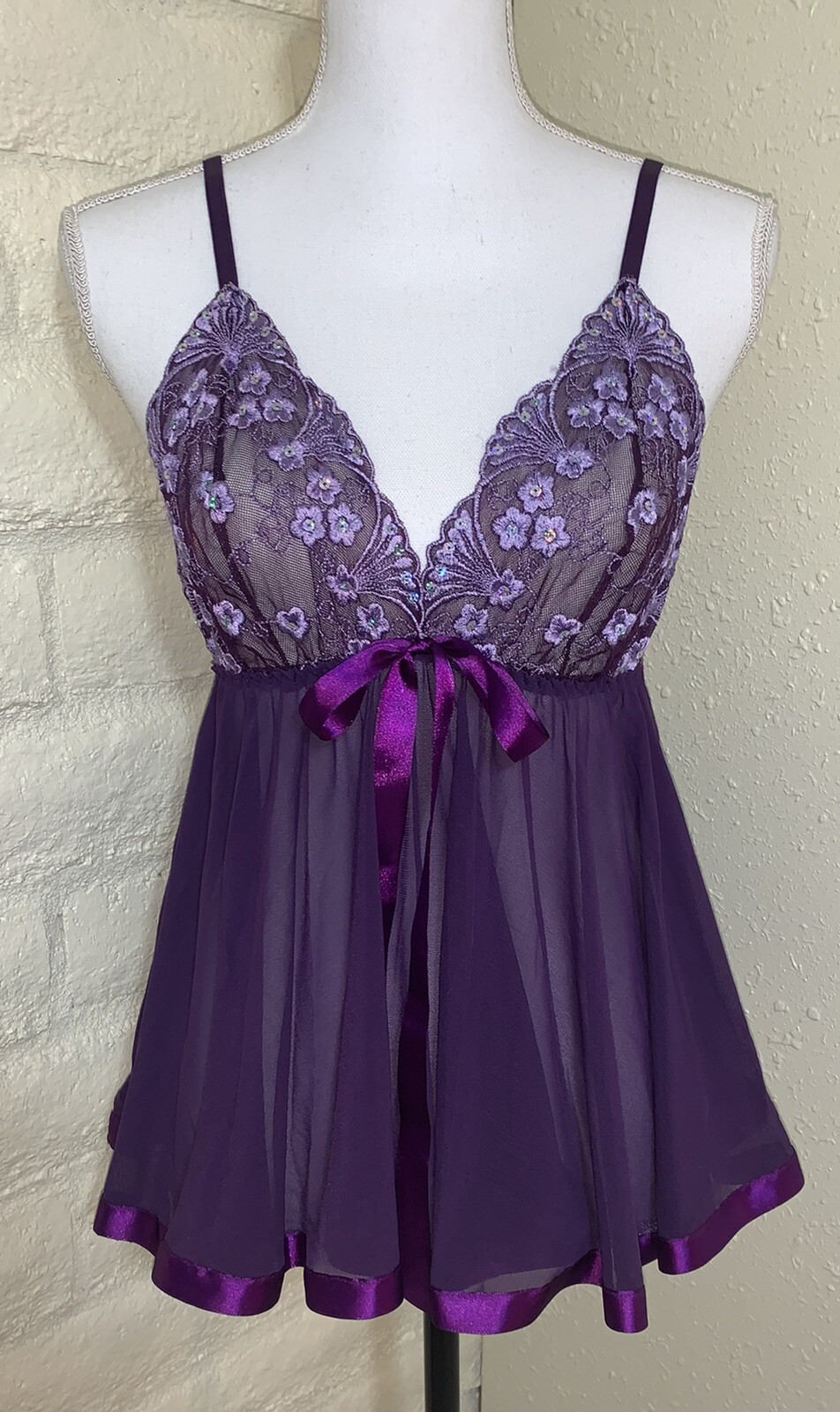 Risque Ribbon and Lace Lingerie Babydoll Top Purple W… - Gem