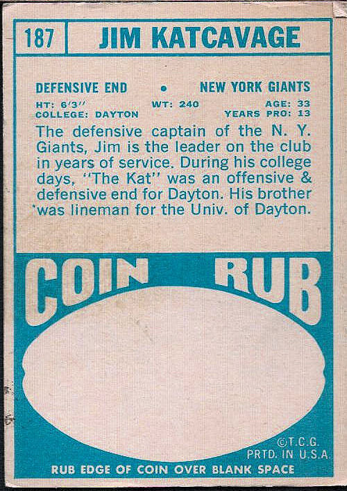 1968 TOPPS FOOTBALL CARD #187 JIM KATCAVAGE NEW YORK GIANTS DEFENSIVE ...