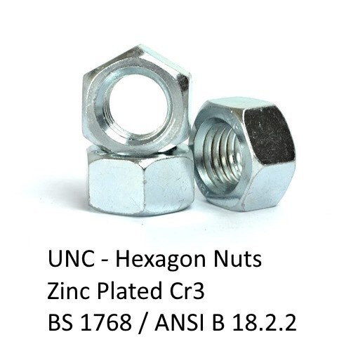 UNC NUTS ZINC PLATED BZP HEXAGON NUT 1/4 5/16 3/8 7/16 1/2 5/8 3/4 ...