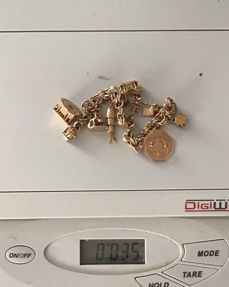 Vintage 14K SolidGold 7 Charms SF Moving Cable Car Miner Link Bracelet ...