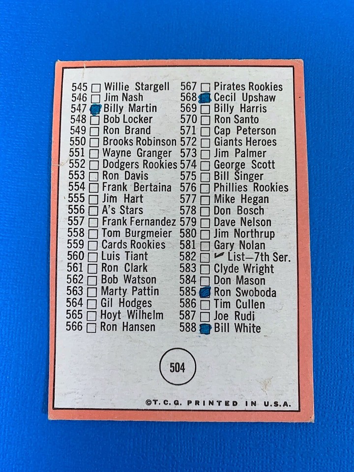 1969 Topps "6th Series - Checklist" #504 Brooks Robinson (HOF, SP ...