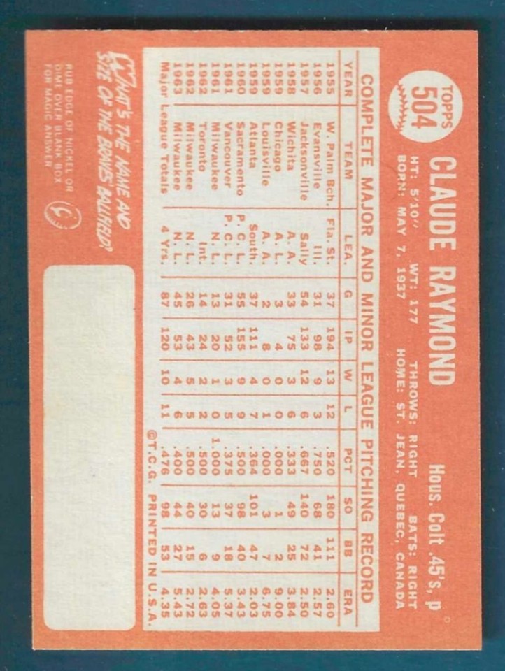 1964 Topps Baseball Houston Colt .45's Claude Raymond Hi Number #504 EX ...