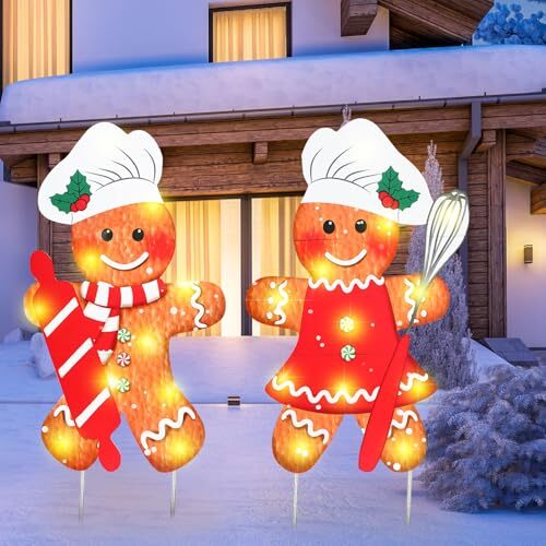 2 Pcs Christmas Decorations Outdoor Large Chef Gingerbread Metal Yard ...