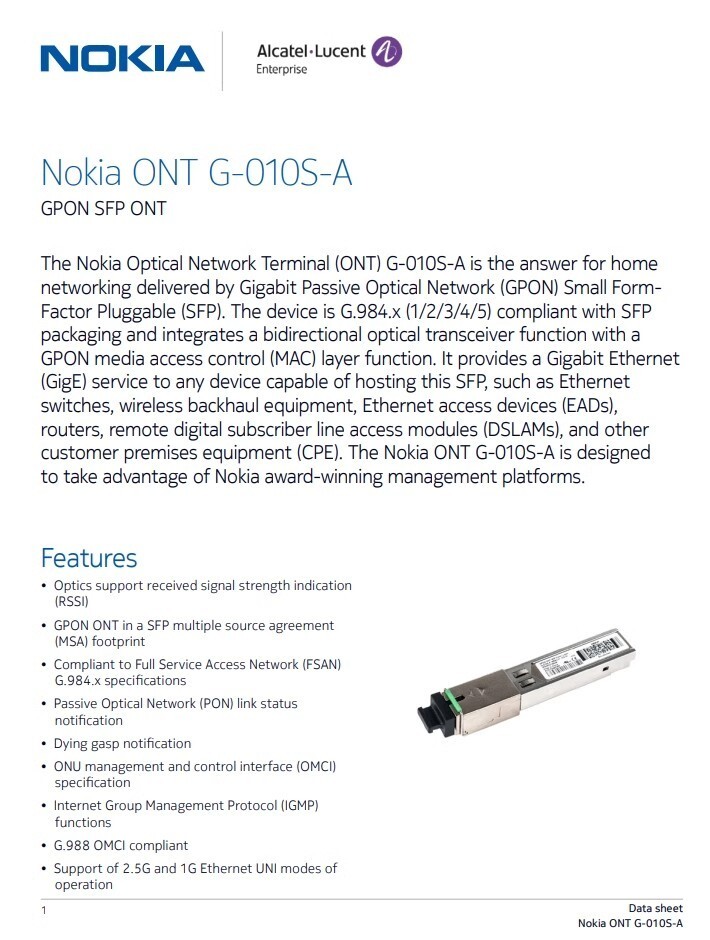 1pcs Nokia 3FE46541AA GPON ONT SFP I-Temp G-010S-A BVL3A8JNAA | eBay