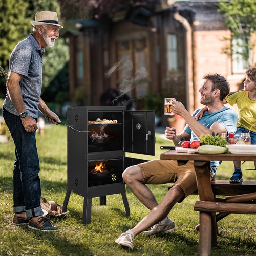 Outdoor Vertical Charcoal Smoker Barbecue with Double Doors Thermometer ...