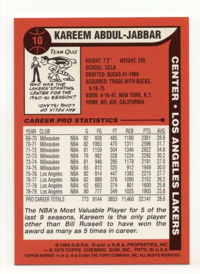 2000-2001 Topps Basketball Commemorative Series #10 Kareem Abdul Jabbar ...