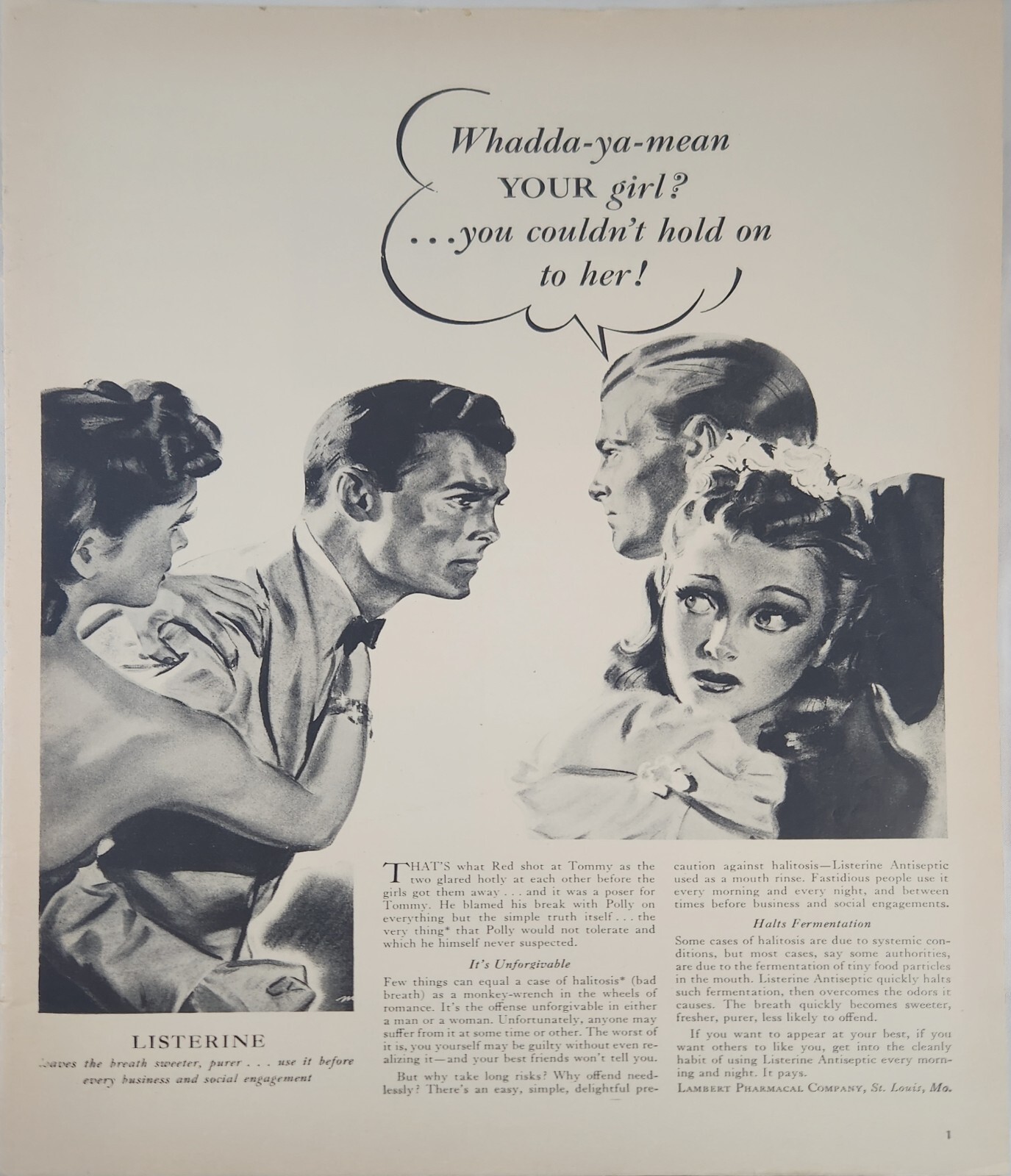 1941 Listerine Tooth Paste Vintage Ad 14 x 10 whadda ya mean your girl ...