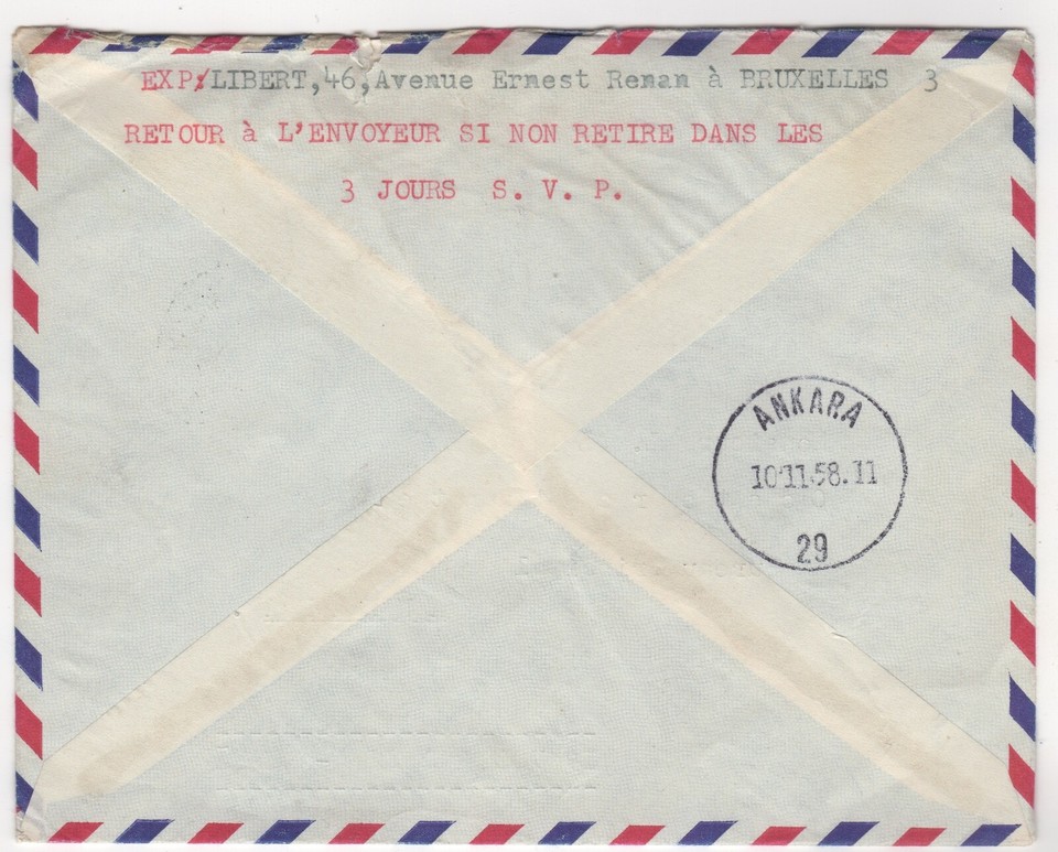 1958 Nov 9th. First Flight Cover. Sabena. Brussels to Ankara, Turkey ...