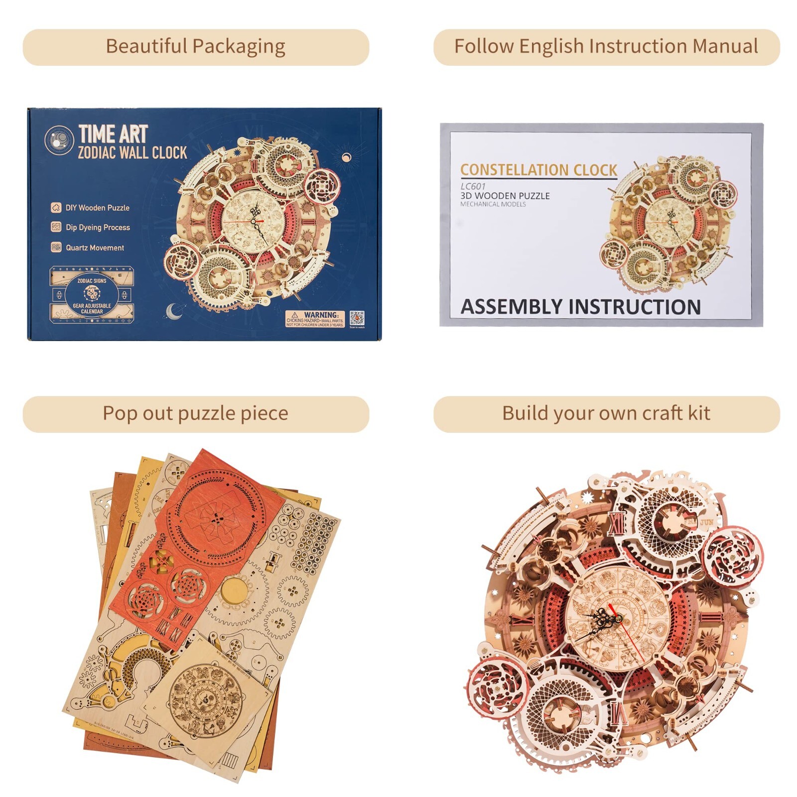 ROKR Zodiac Wall Clock 3D Wooden Puzzle DIY Wall Quartz Clock Kits Xmas ...