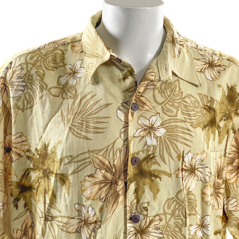 Aloha Hut Hawaiian Shirt XL Tropical Flowers Palm Trees Yellow-Green ...