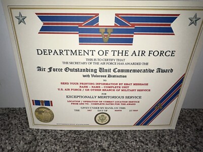 AIR FORCE OUTSTANDING UNIT AWARD W/V COMMEMORATIVE CERTIFICATE-T-2 / W ...
