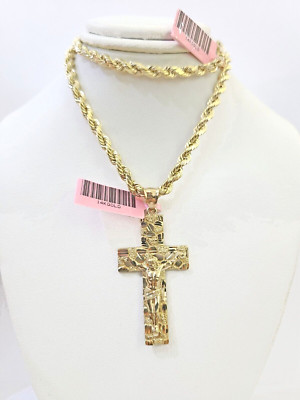 14k Yellow Gold Rope Chain Cross Pendant Charm SET 4mm 22 Inch Necklace ...