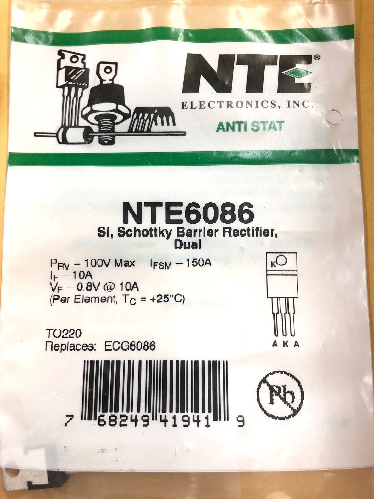 NTE6086, 100V @ 20A* Silicon Dual Schottky Diode Common Cathode TO-220 ...