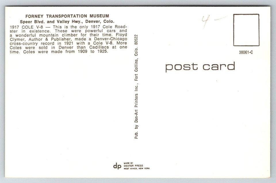 1917 Cole V-8 Roadster Forney Transportation Museum Denver CO Postcard ...