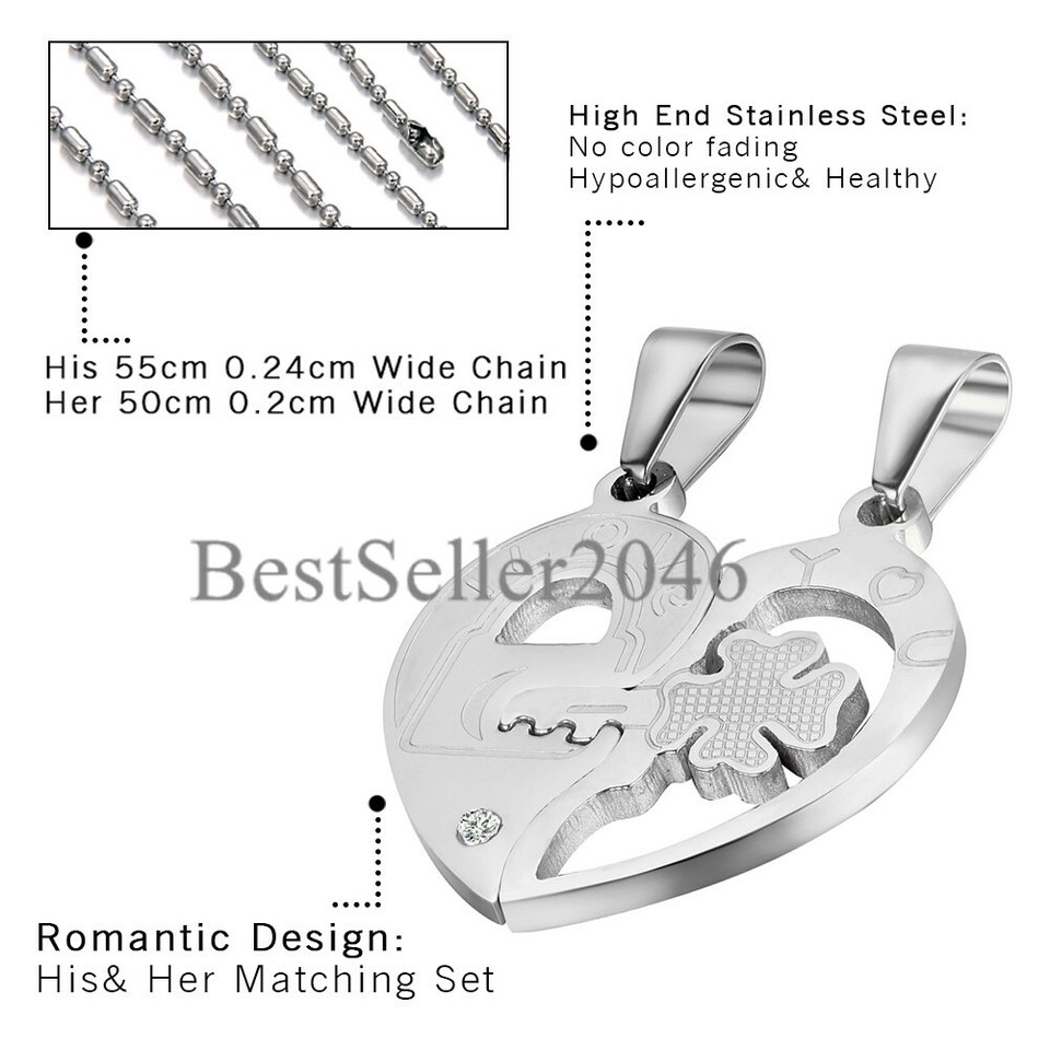 2pcs His&Hers Matching Heart Love Key Pendant Stainless Steel Couple ...