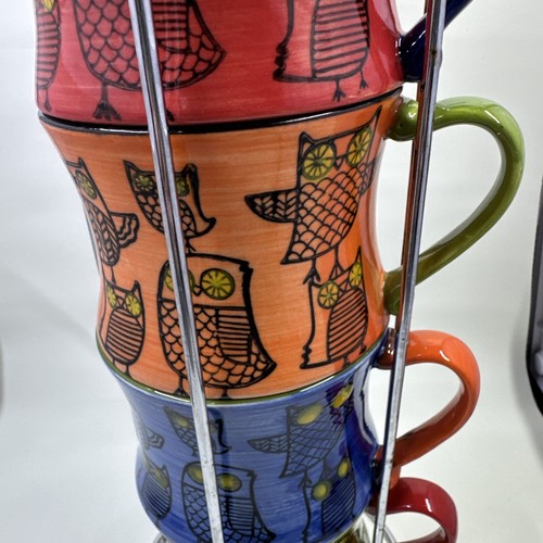 Pier 1 Stackable Owl Mug Set of 4 w/ Storage Rack Colorful Stoneware ...