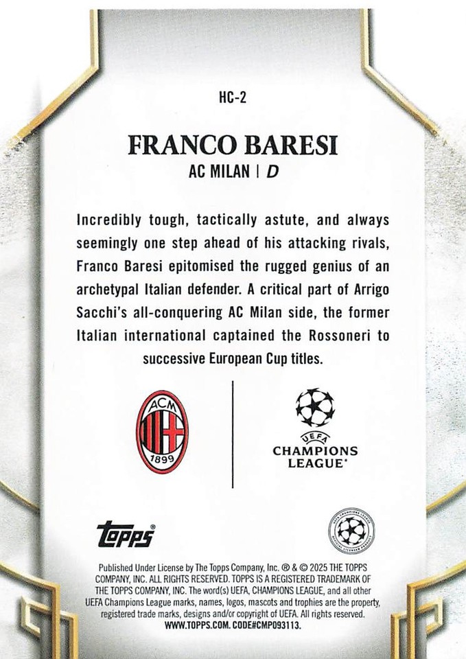 Franco Baresi AC Milan Historic Captains 2024/25 Topps UCC Flagship #HC ...