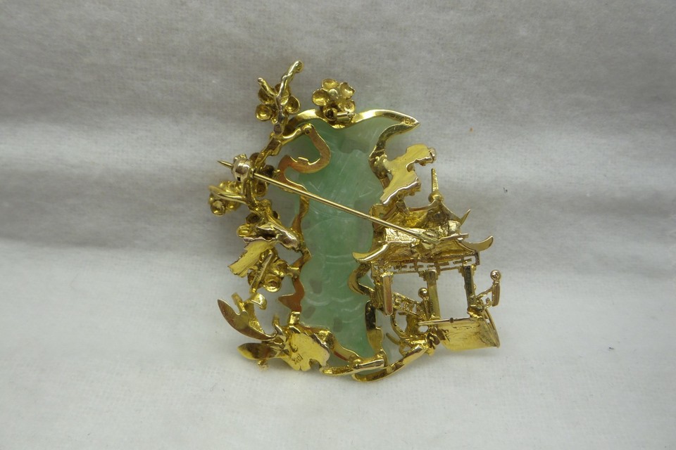 Spectacular Solid 18kt Traditional Scenic Pin, Jadeite Guanyin Figure ...