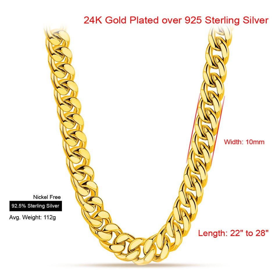 24K Gold Plated 925 Sterling Silver Curb Cuban Link Chain Necklace 10mm ...
