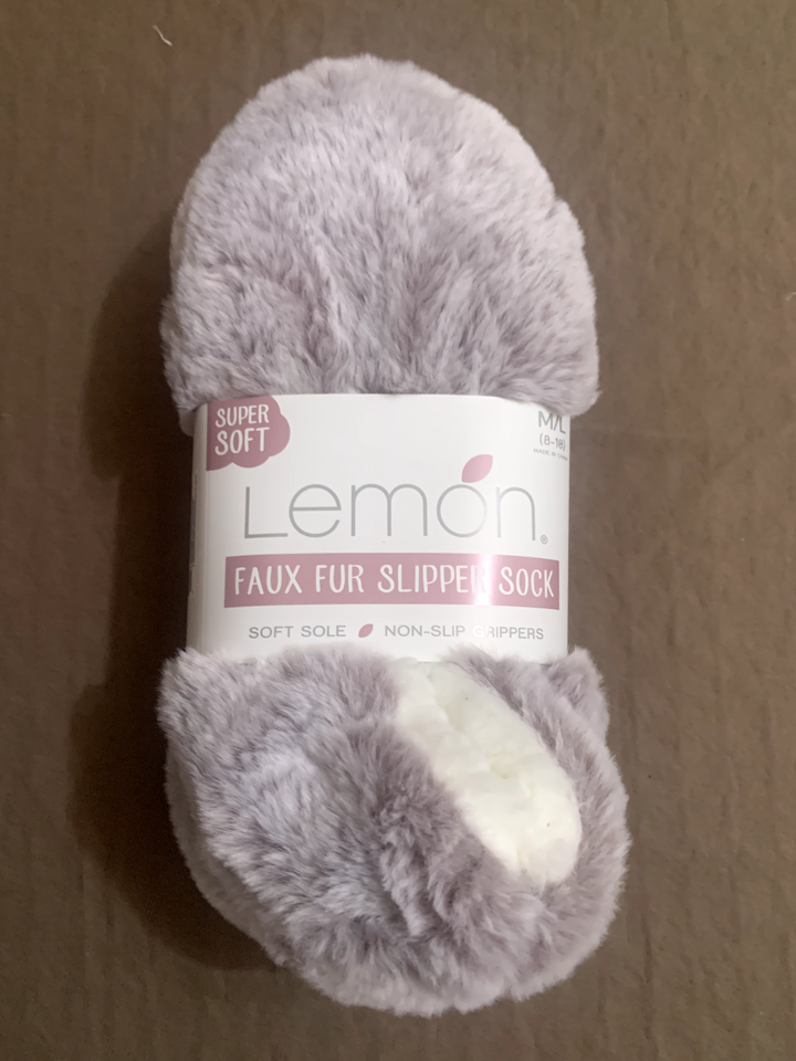Lemon Ladies' Faux Fur Plush Slipper Sock Gripper Sole Pink Gray S/M M ...