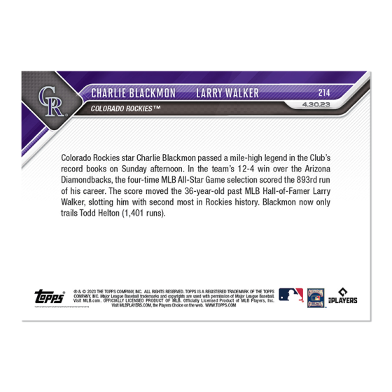 2023 MLB Topps NOW 214 CHARLIE BLACKMON LARRY WALKER DUO COLORADO ...
