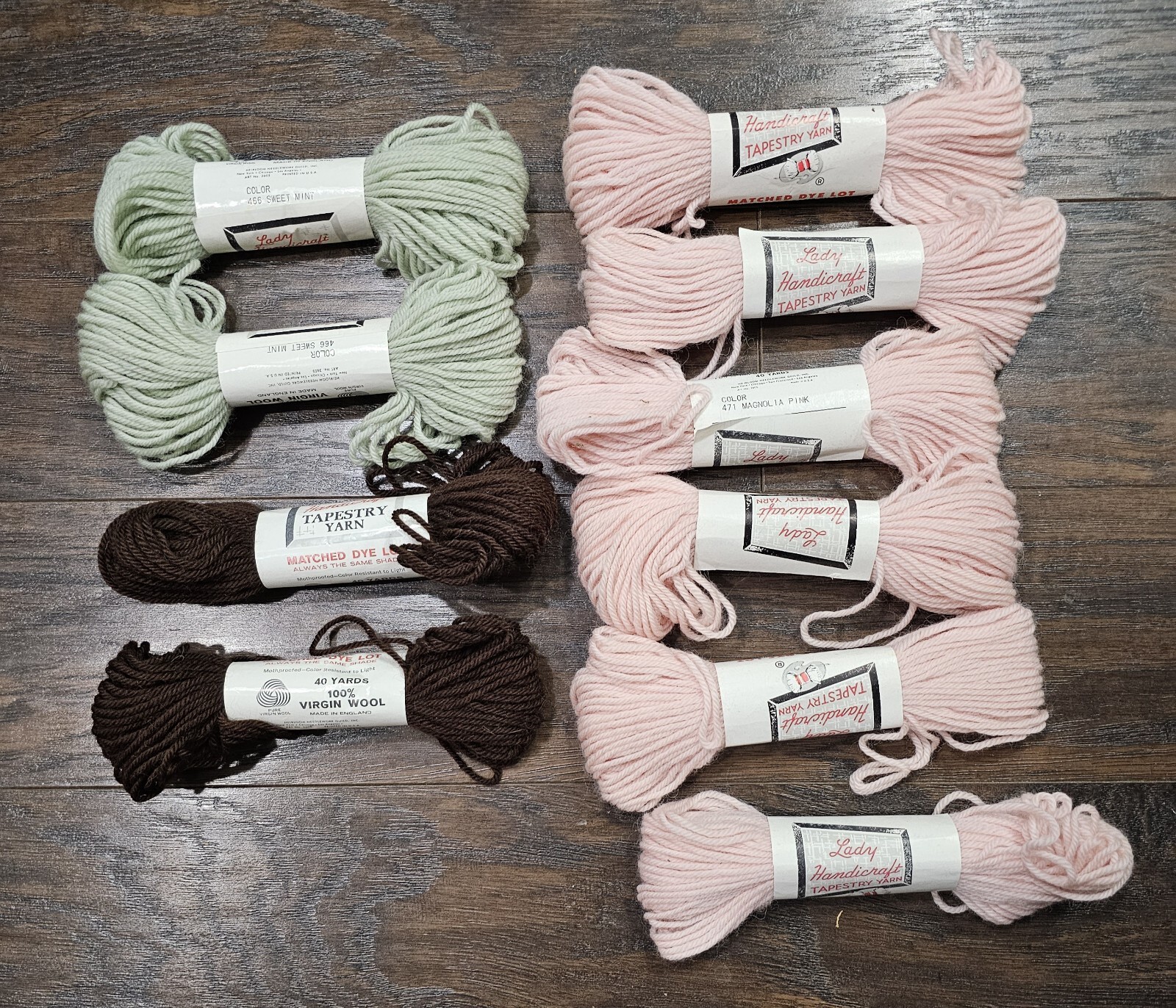 Lot 10 Vtg Lady Handcraft Wool Tapestry Yarn 40 yd ea Pink Mint Green ...