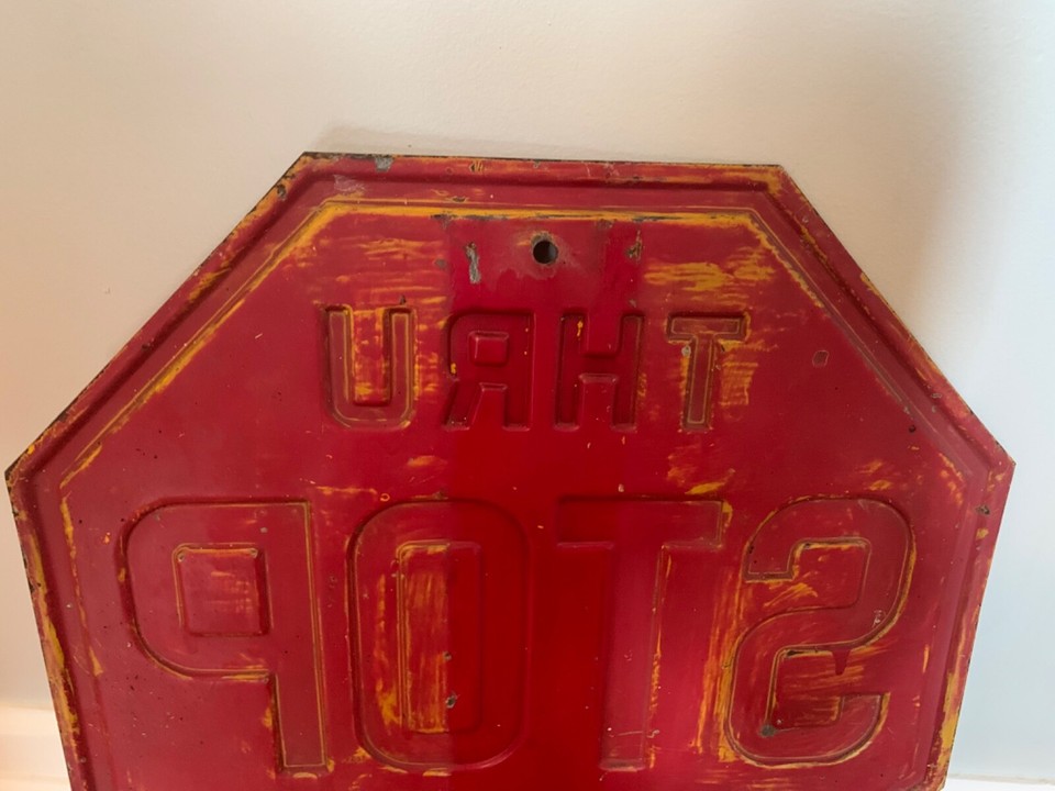 Vintage Stop Thru Traffic Embossed Cast Metal Sign | eBay