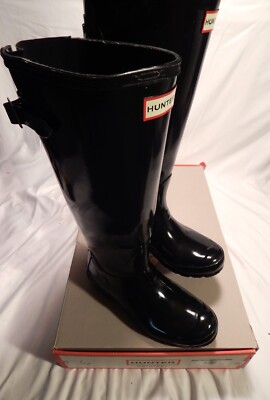 Women's Hunter Original Back Adjust Gloss Boots, Black, Size 6, w/ Sock ...