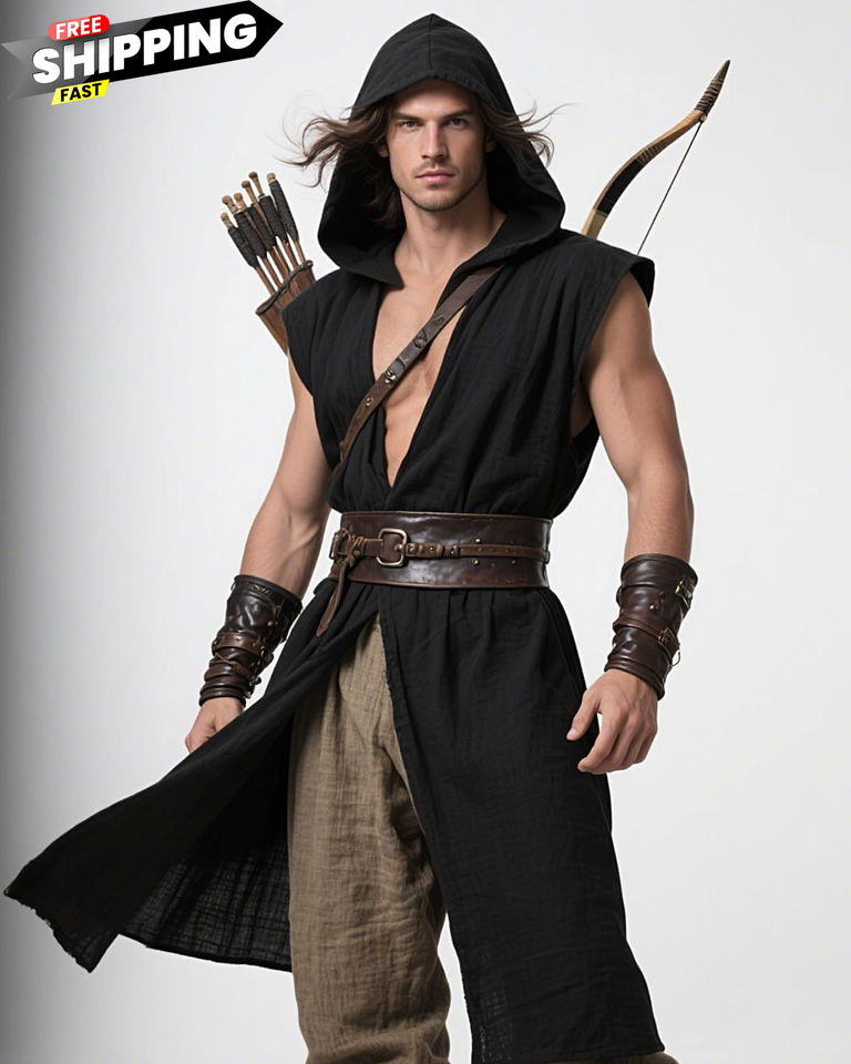 L'VOW Men's Medieval Hooded Surcoat Renaissance Tabard Large, Black | eBay