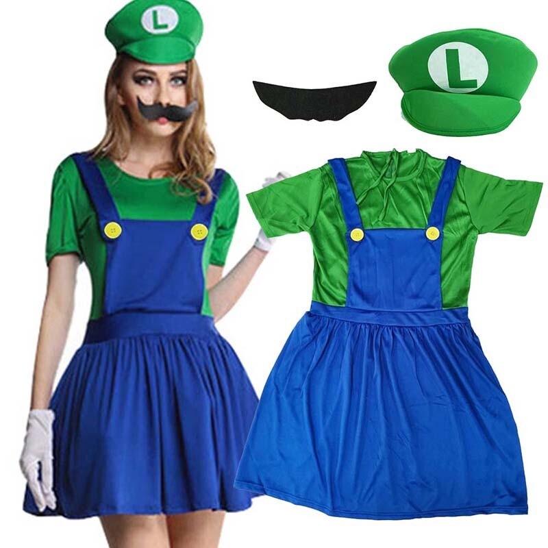 Women Super Mario Luigi Costume Fancy Dress Halloween Cosplay Party Red ...