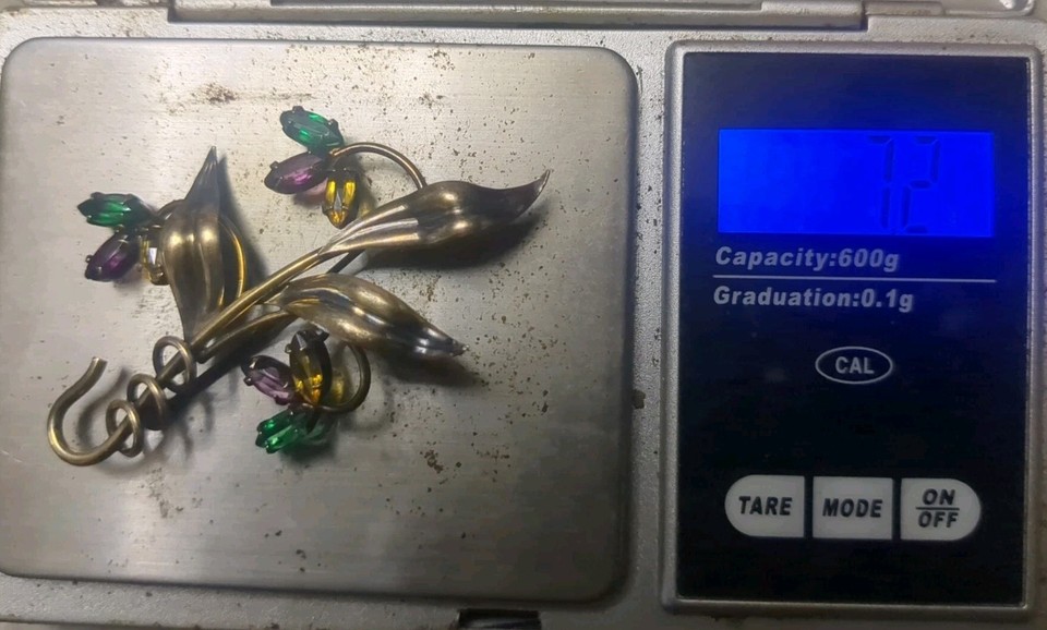 Art Nouveau Flower Symmetalic Sterling Silver 14K Gold Rhinestone ...