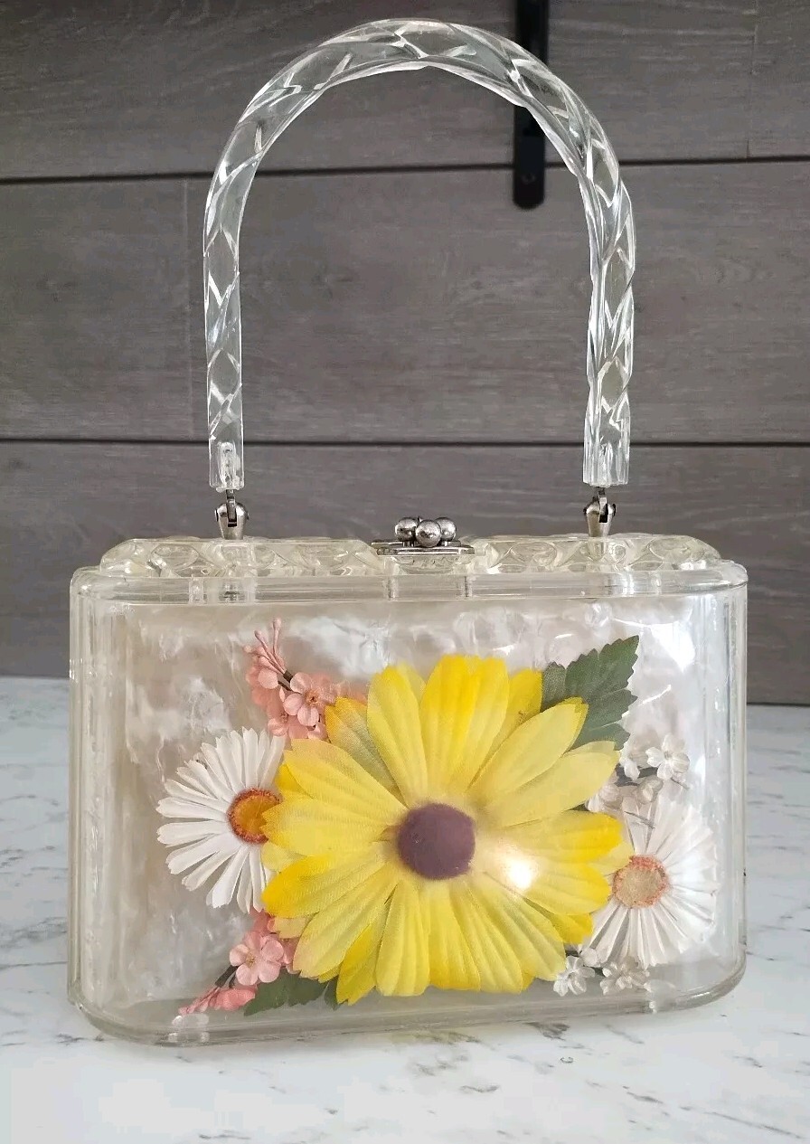 Vintage Lucite Handled Purse With Pressed Silk Flower… - Gem