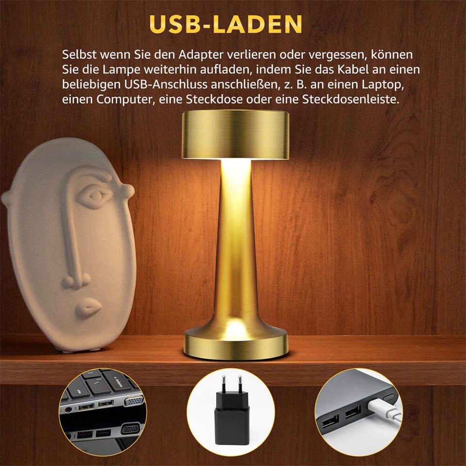 Dimmbar Akku Tischleuchte Touch Tischlampe LED Lampe USB Innen & Außen ...