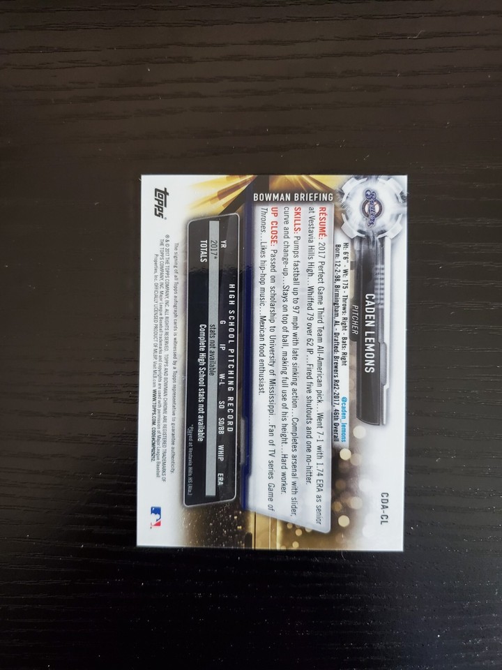 Caden Lemons - 2017 Bowman Chrome 1st Bowman Autograph ON-CARD AUTO | eBay