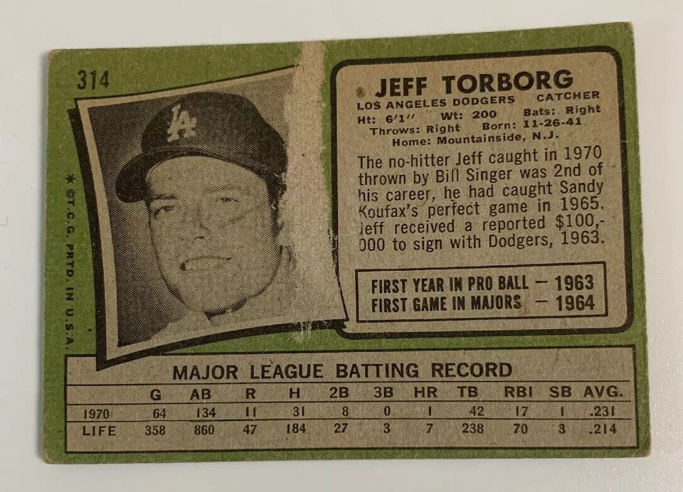 1971 Jeff Torborg # 314 Los Angeles Dodgers LA Topps Baseball Card | eBay