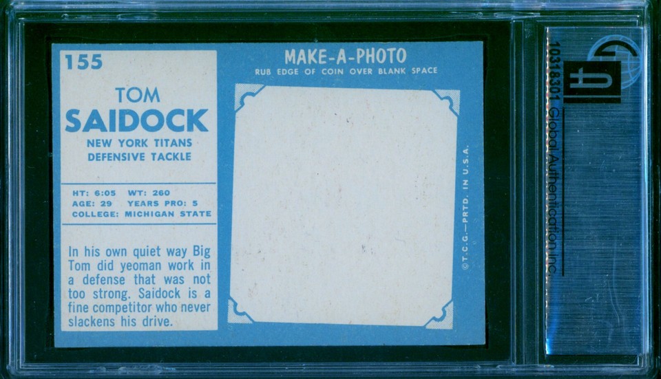 1961 Topps TOM SAIDOCK #155 New York Titans Near Mint 1st Graded NM GAI ...