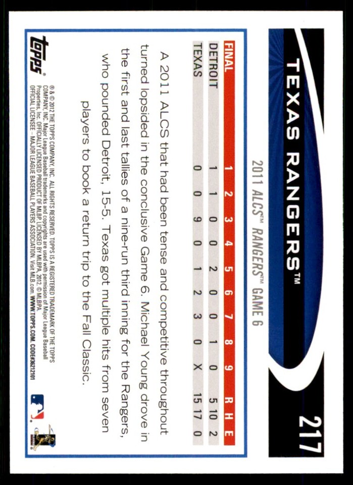 2012 Topps Texas Rangers Baseball Cards #217 | eBay