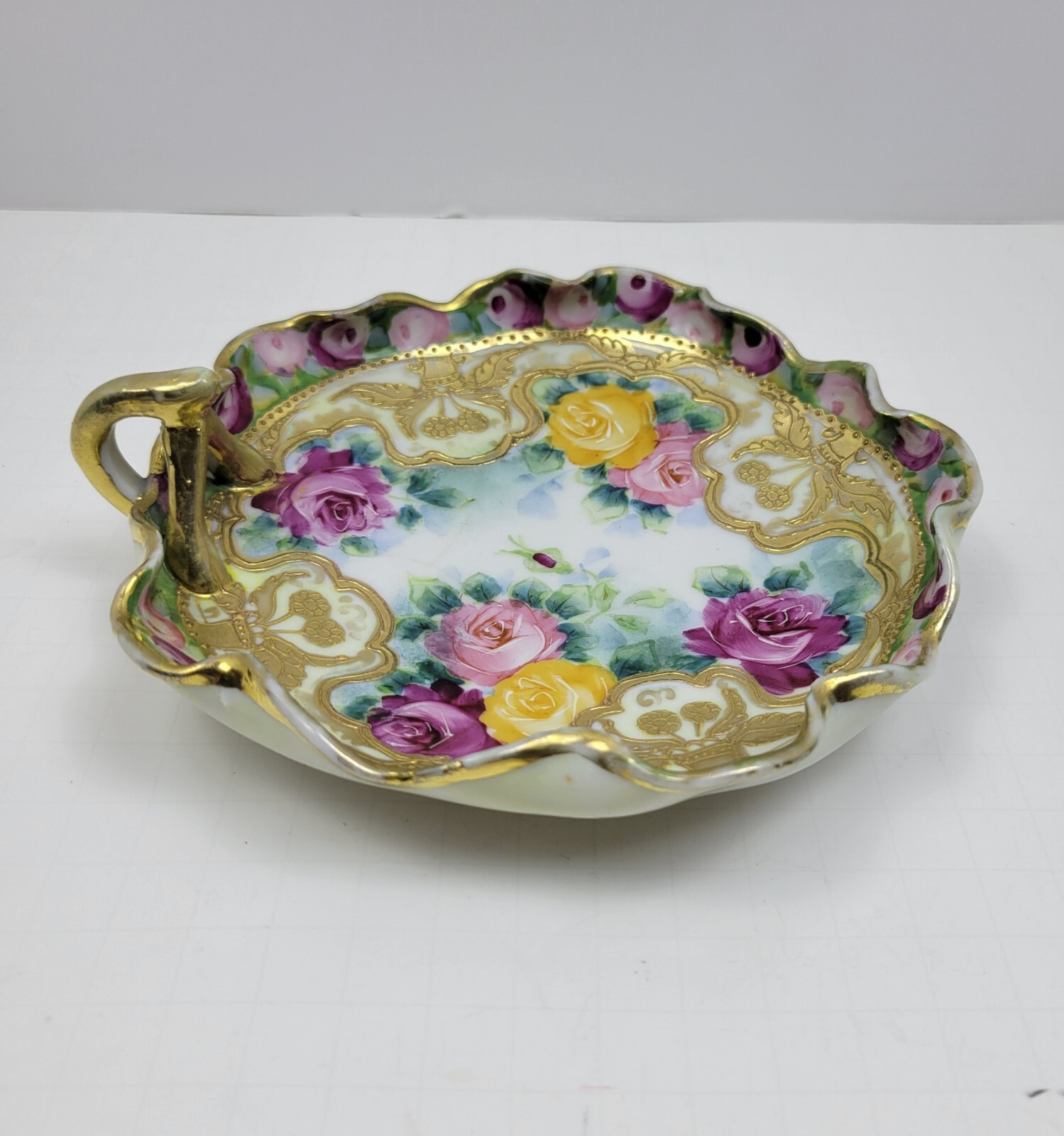 Antique Hand Painted Nippon Floral Rose Trinket Dish Enamel Moriage ...