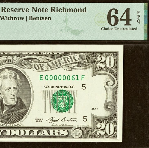 1993 $20 Federal Reserve Note PMG 63EPQ fancy birthday low serial ...